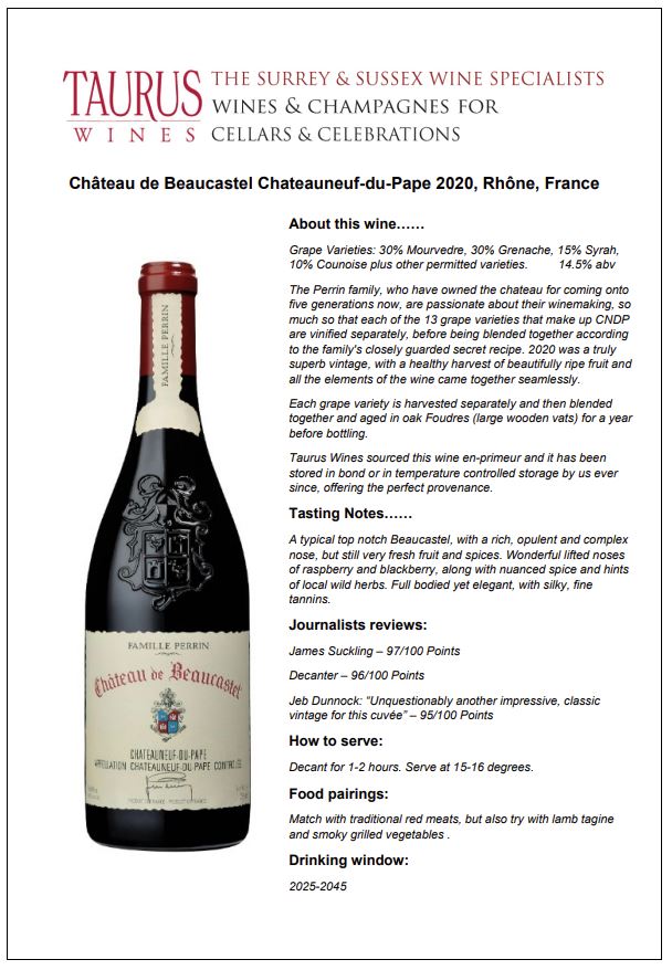 Chateau de Beaucastel Chateauneuf-Du-Pape 2020 – Taurus Wines